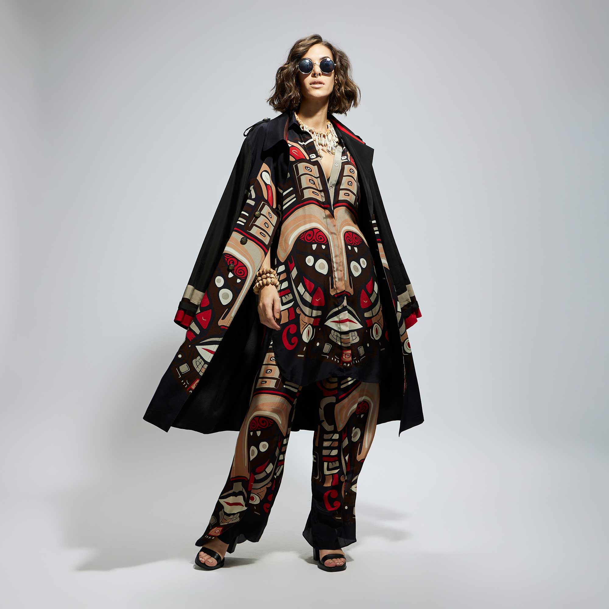 Black Mask Print Trench Coat - Shop Sunny's Bridal